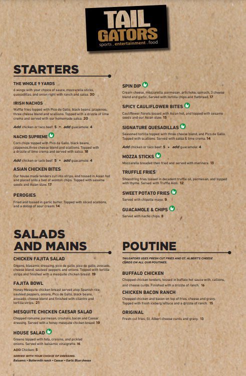 Menu | TailGators - Great Burgers, Salads, Starters and more